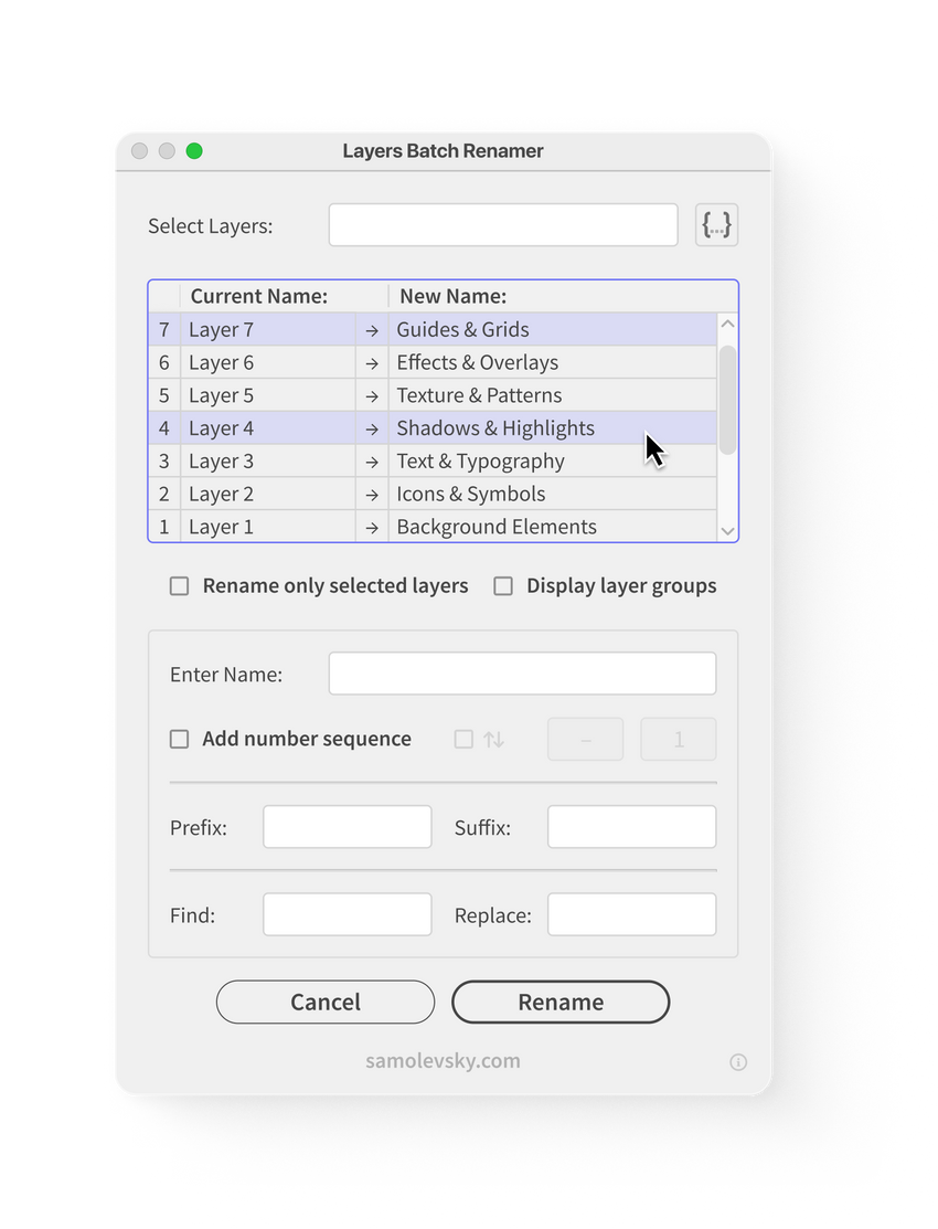 Layers Batch Renamer – Samolevsky