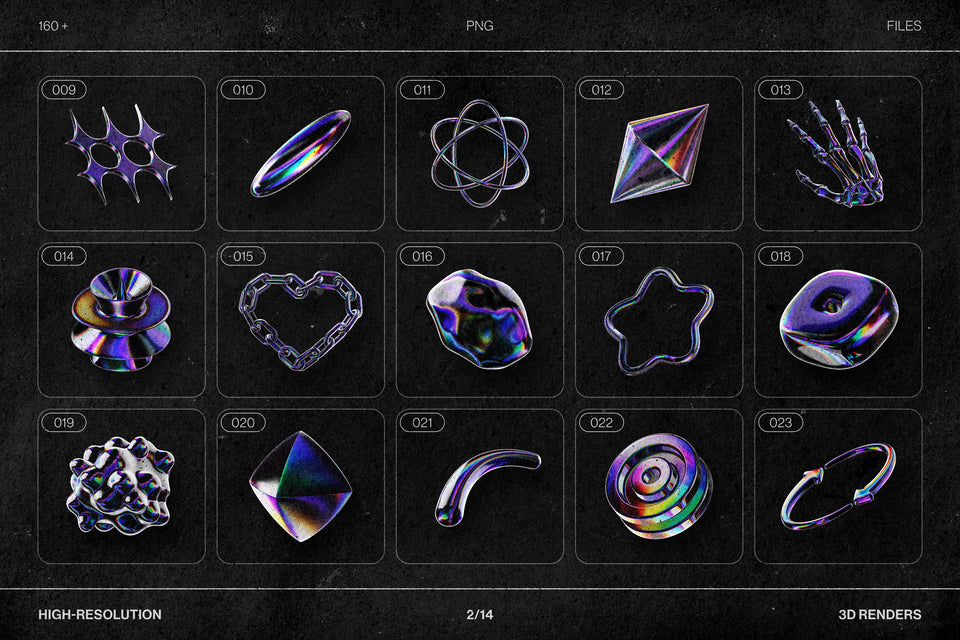 Chromatic Glass Shapes – 160+ Iridescent 3D Elements – Samolevsky