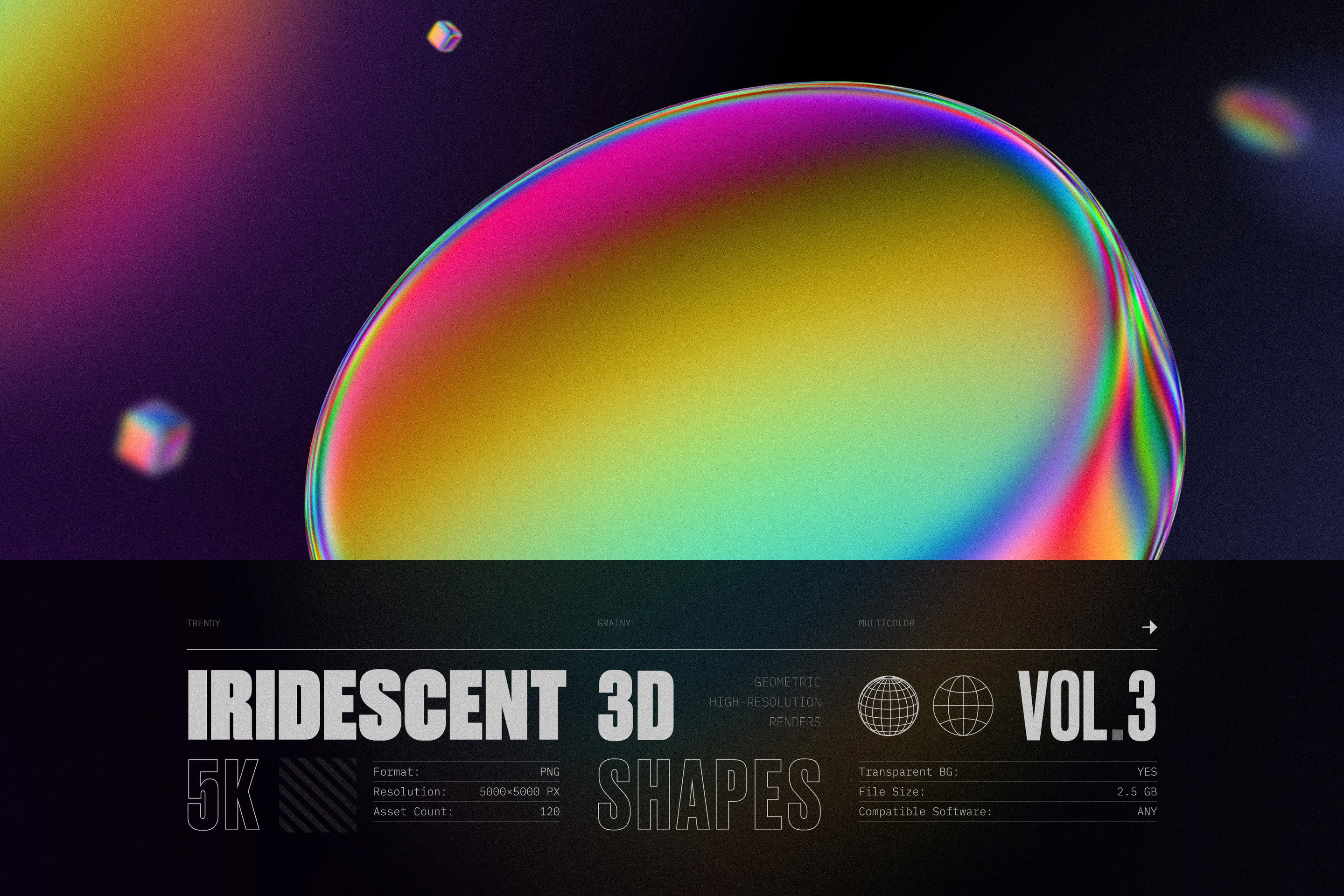 120 Iridescent Geometric 3D Shapes Pack vol.3 – Samolevsky